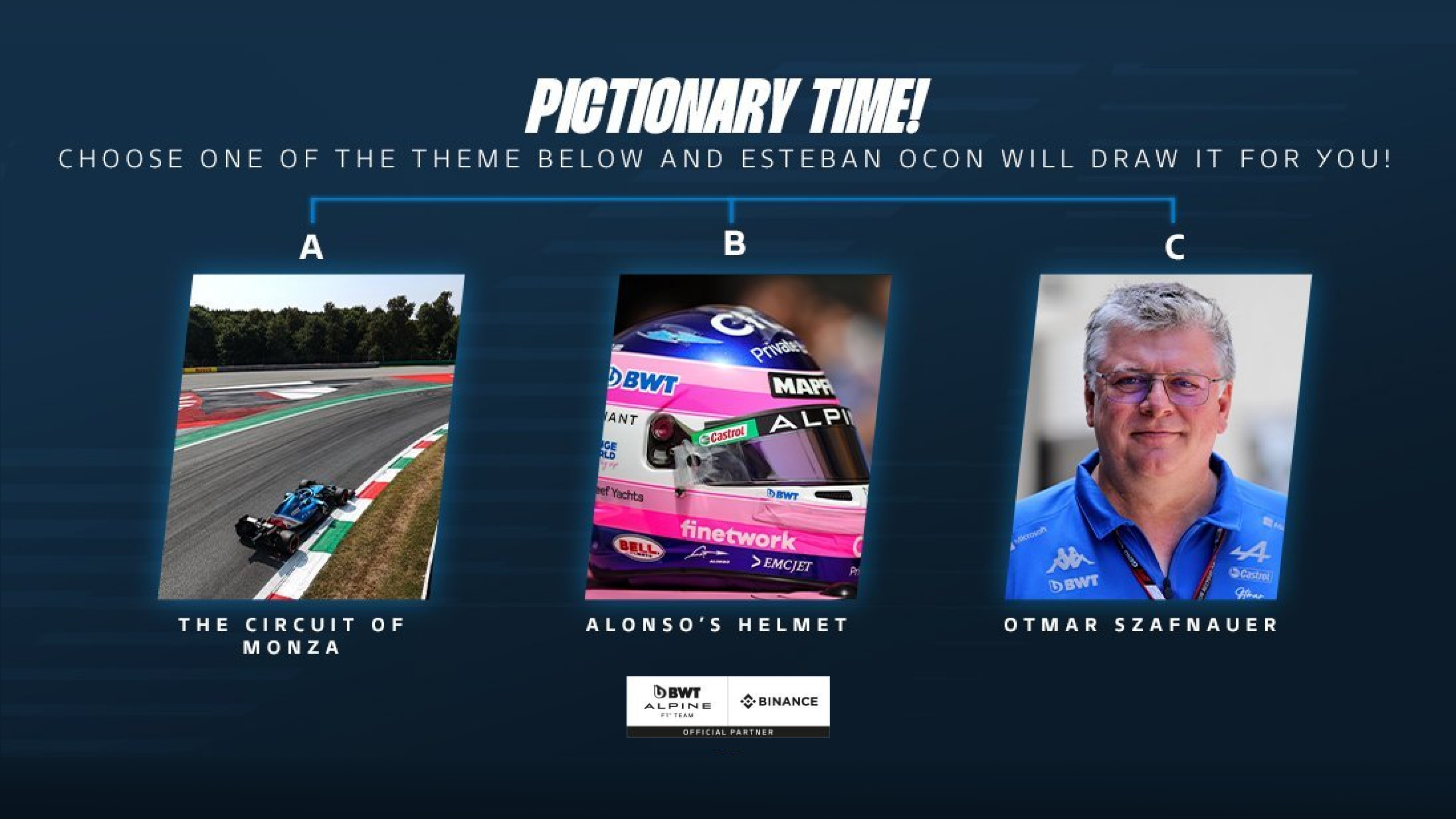 Pictionary time! Choose one of the theme below and Esteban Ocon will ...